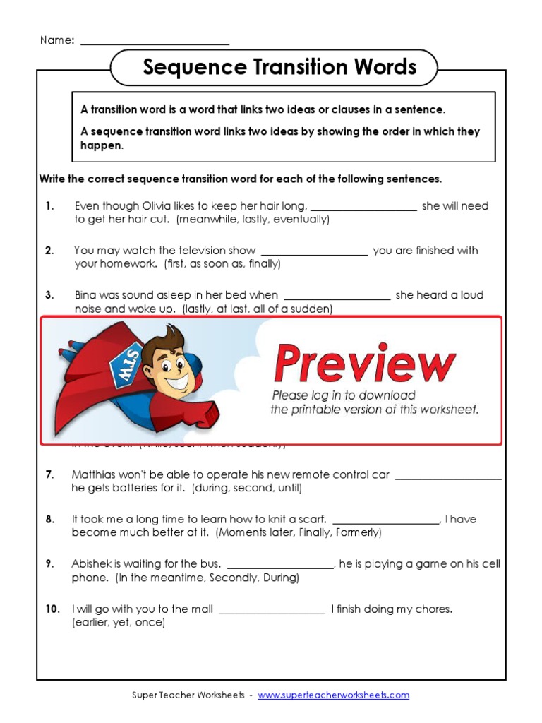 Sequence Transition Words: Super Teacher Worksheets | PDF | Sentence ...