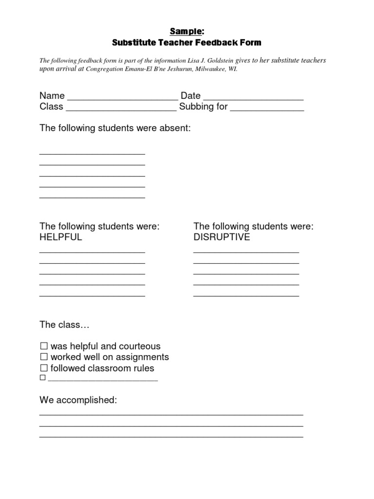 Substitute Feedback-Form | PDF