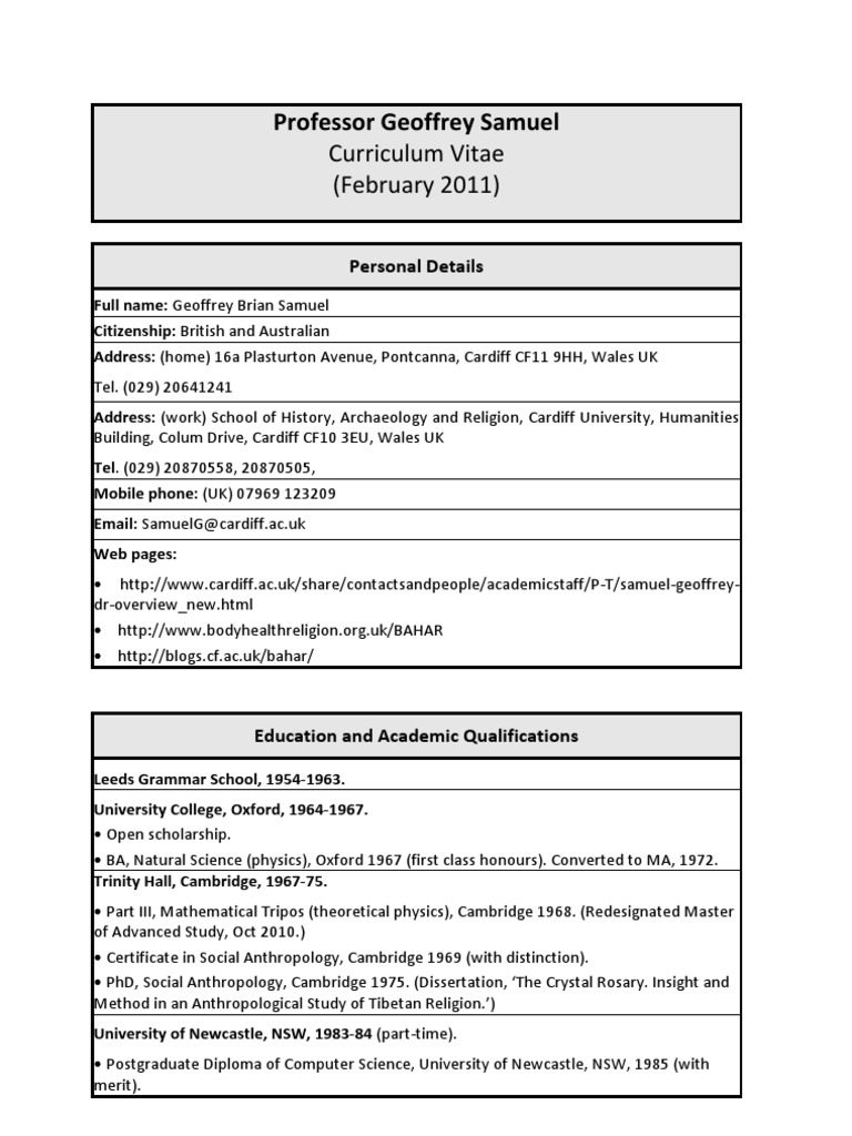 Professor Geoffrey Samuel: Curriculum Vitae (February 2011) | PDF ...