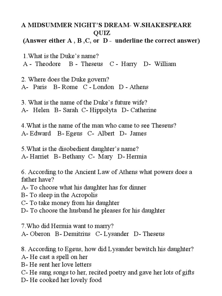 Midsummer Night's Dream Quiz Answers | PDF | Shakespearean Comedies | A ...