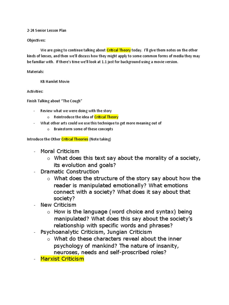Issaquah High School Critical Theory Lesson Plan | PDF | Critical ...