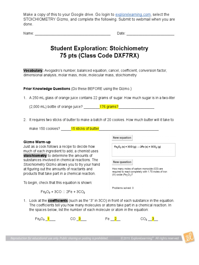 Student Exploration: Stoichiometry 75 Pts (Class Code DXF7RX) | PDF ...