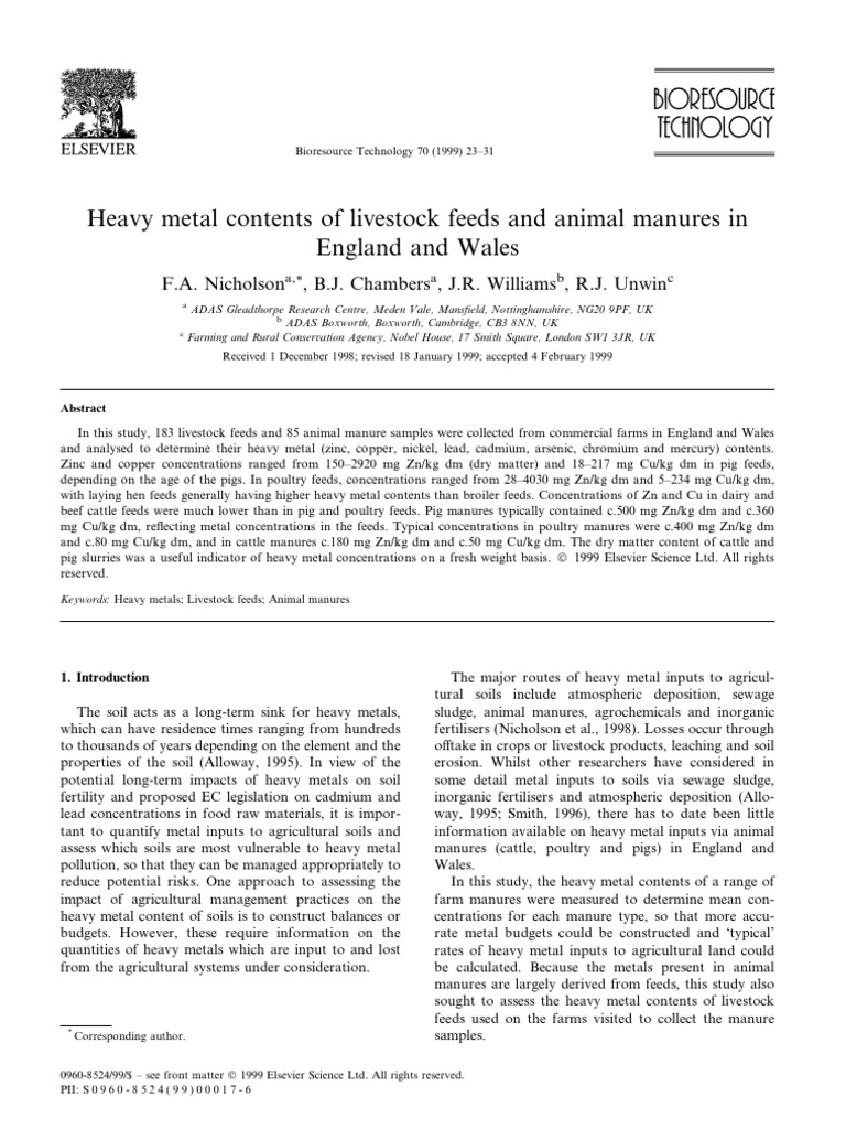 Heavy Metal Contents of Livestock Feeds and Animal Manures in England ...