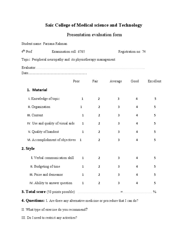 Evaluation of Farzana Rahman's Presentation on 'Peripheral Neuropathy ...