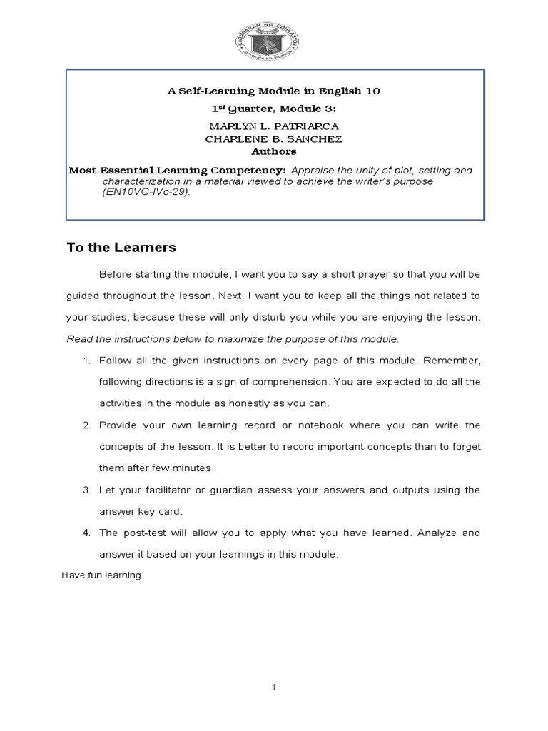 To The Learners: A Self-Learning Module in English 10 1 Quarter, Module ...