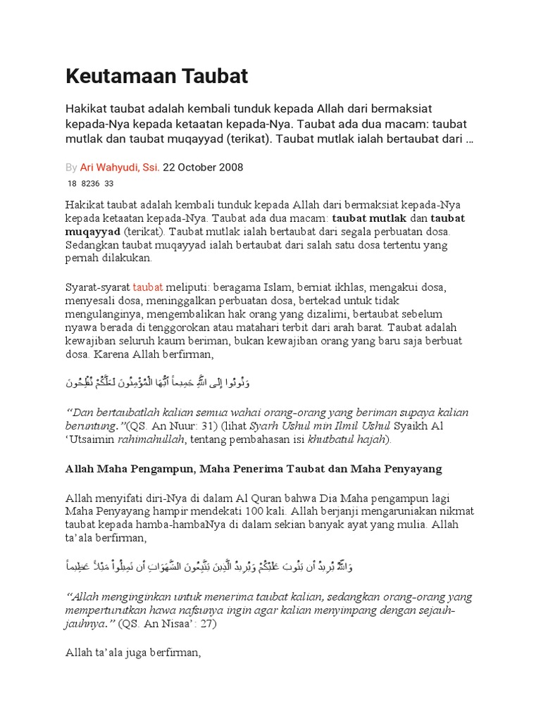 Keutamaan dan Macam Taubat dalam Islam | PDF