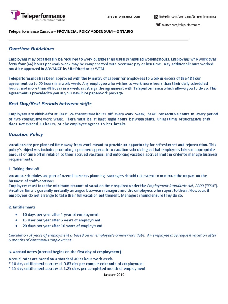Teleperformance Canada Provincal Policy Addendum - On 2019 | PDF | Sick ...