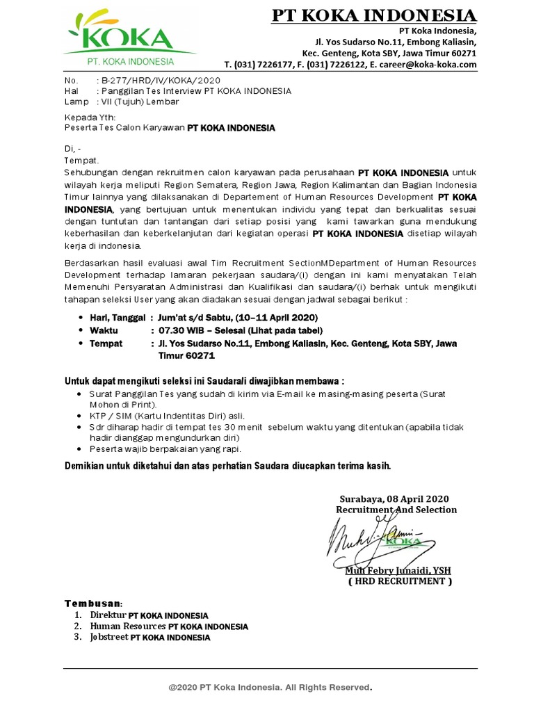 Undangan Interview PT Koka Indonesia | PDF