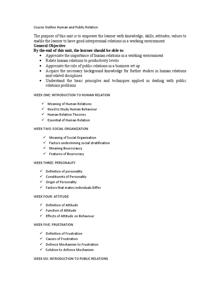 Human Relations Course Outline | PDF | Attitude (Psychology) | Learning