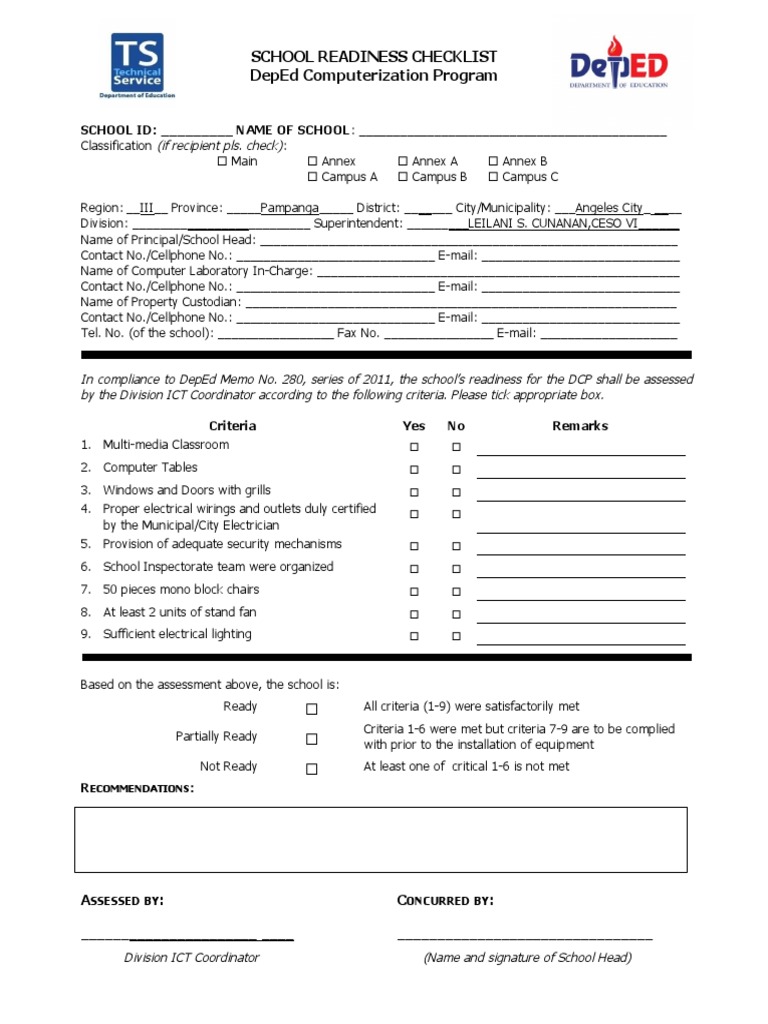 School Readiness Checklist Deped Computerization Program | PDF ...
