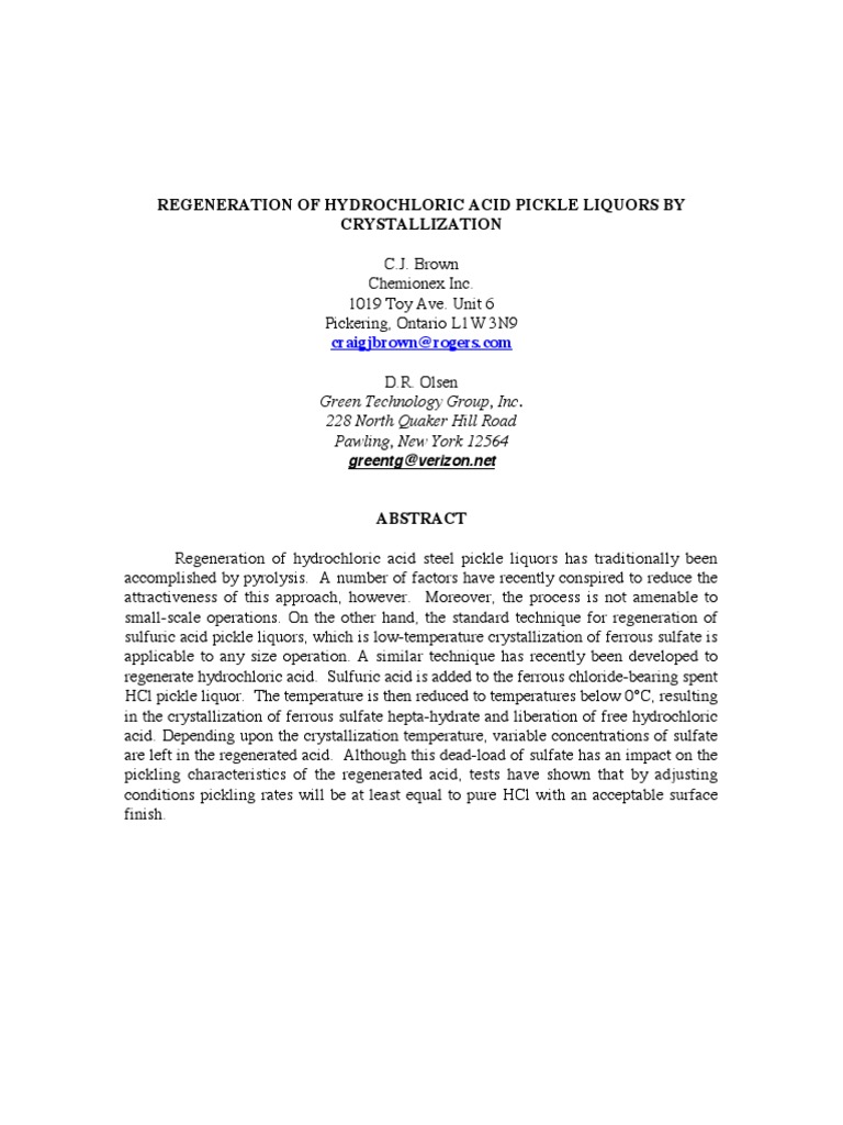 HCl Pickle Liquor Regeneration via Crystallization | PDF | Hydrochloric ...