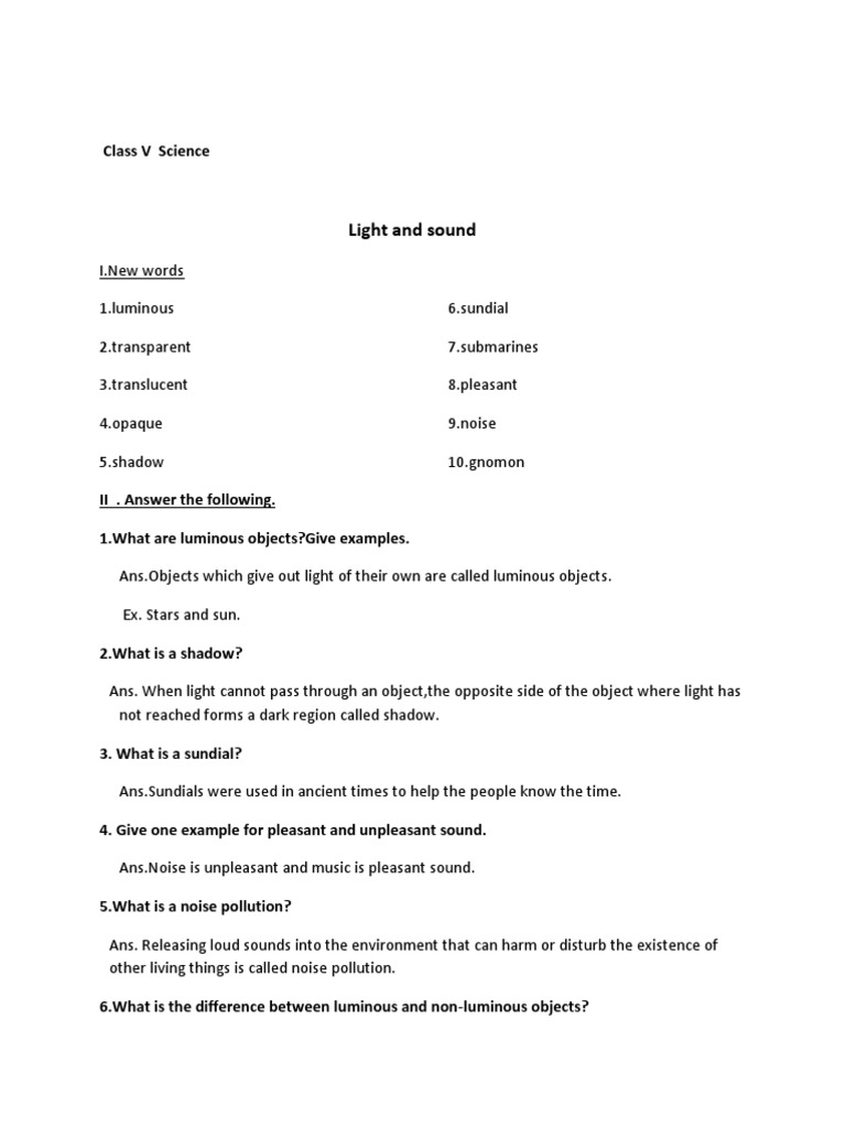 Light and Sound Concepts for Grade 5 | PDF | Shadow | Light