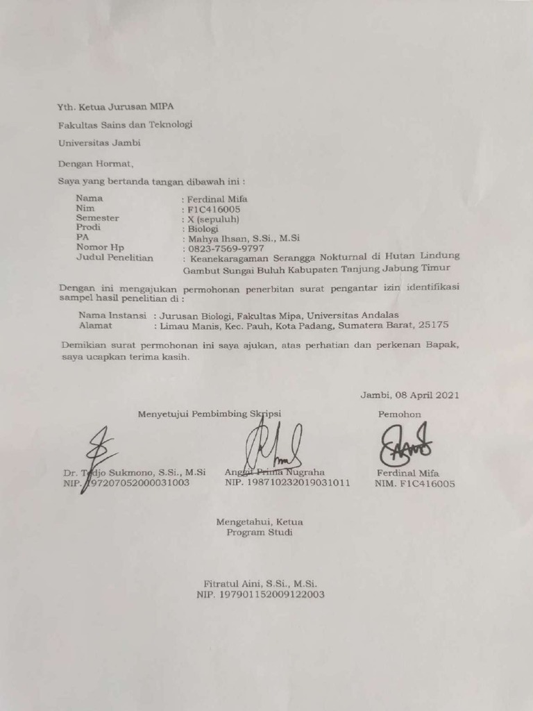 Surat Pengajuan Pengantar Identifikasi Sampel Ferdinal Mifa | PDF