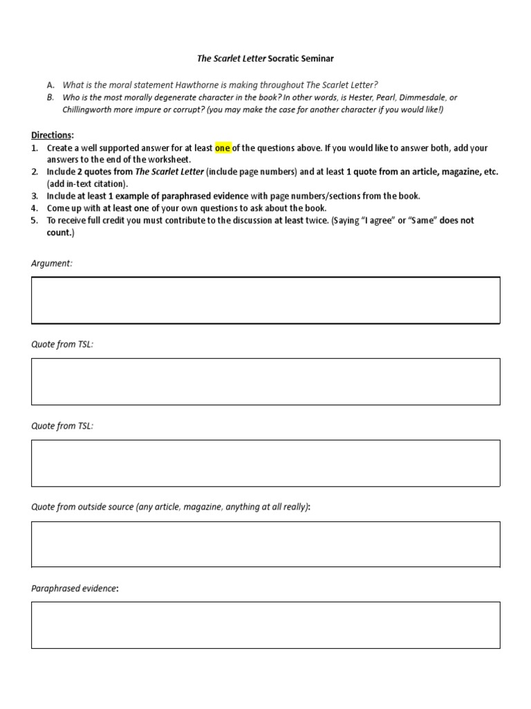 The Scarlet Letter Socratic Seminar Debate | PDF | The Scarlet Letter ...