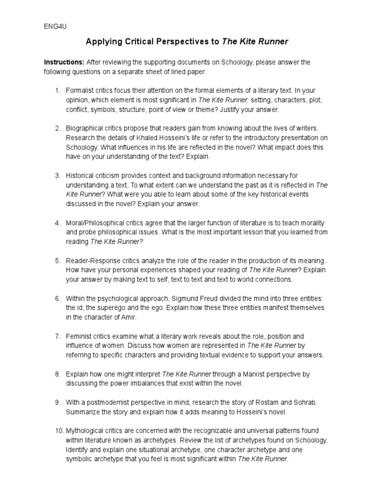 Applying Critical Perspectives To The Kite Runner | PDF | Archetype | Id