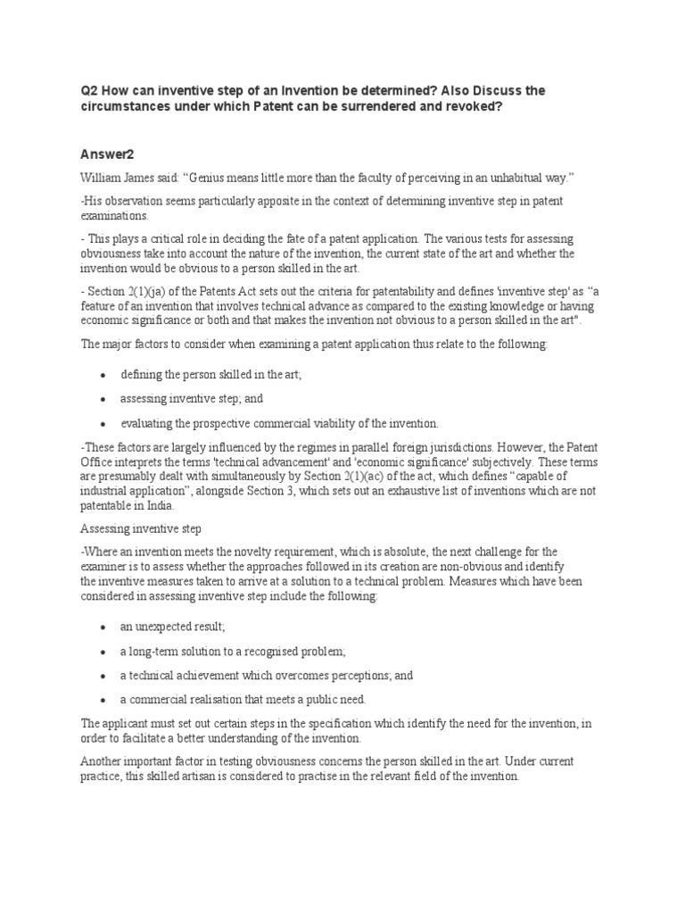 Q2 How Can Inventive Step of An Invention Be Determined? Also Discuss ...