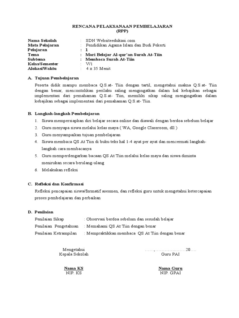 RPP PAI Kelas V: Surah At-Tiin | PDF