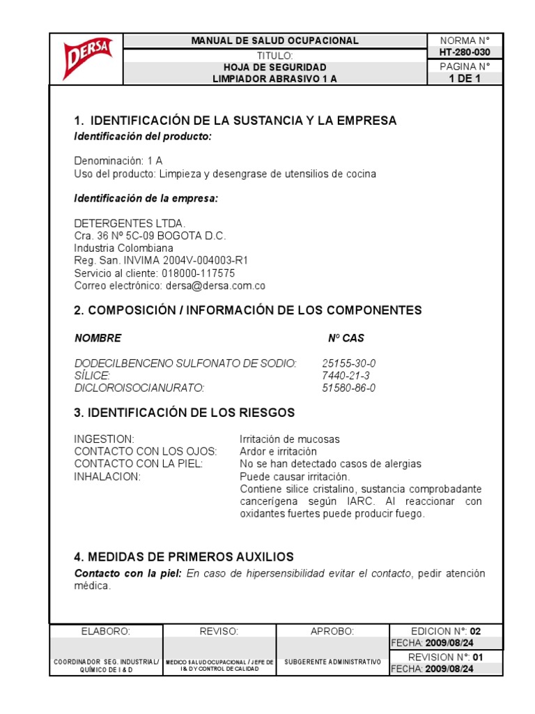 Hoja de seguridad para el limpiador abrasivo 1A | PDF | Seguridad y ... Hoja de seguridad para el limpiador abrasivo 1A | PDF | Seguridad y ...