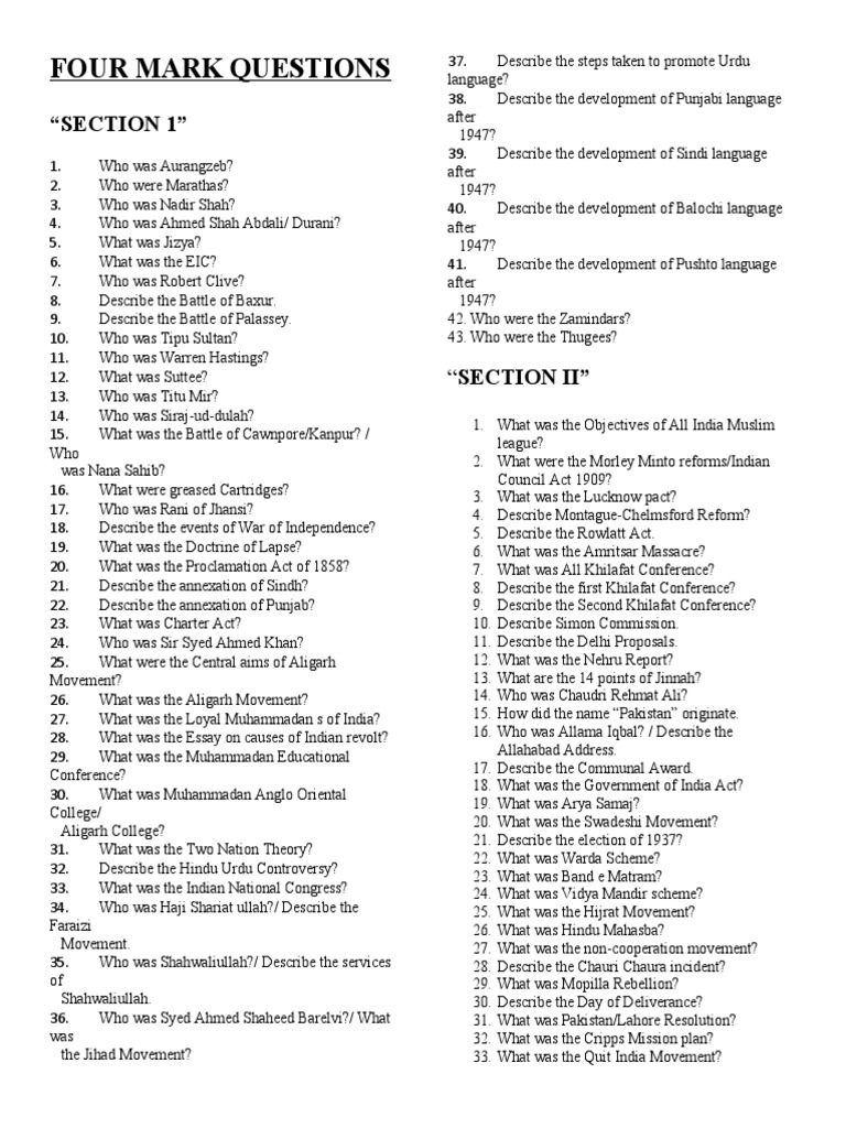 Four Mark Questions Updated | PDF | Pakistan Movement | Pakistan