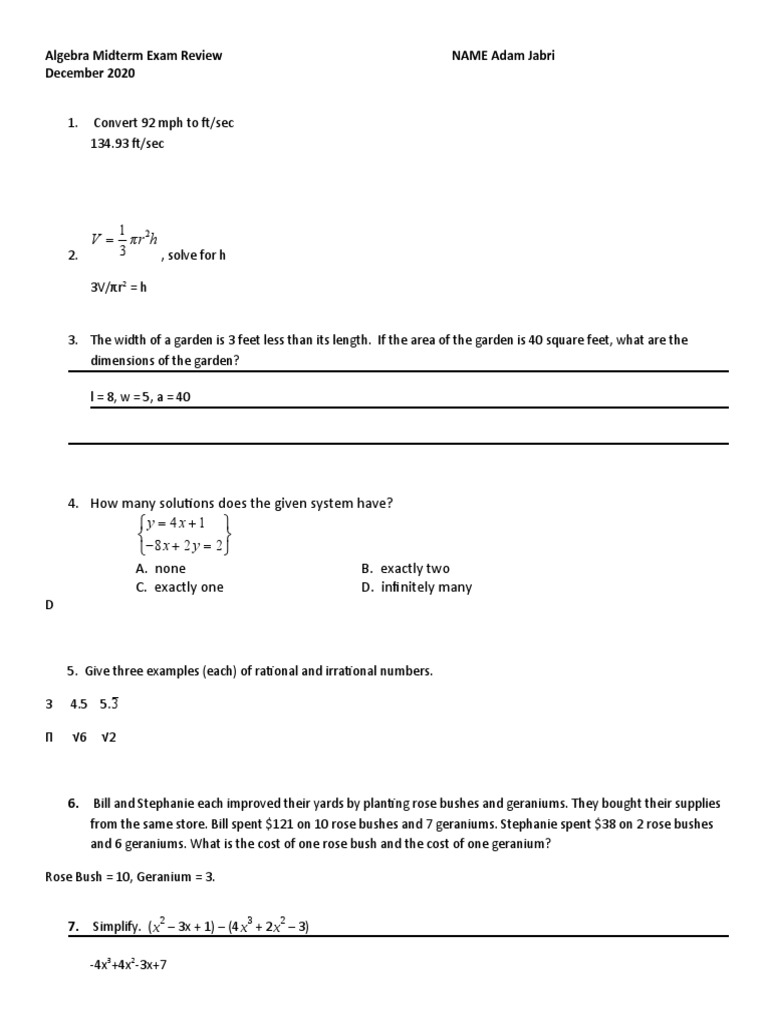 Algebra Midterm Review Guide | PDF | Quadratic Equation | Abstract Algebra