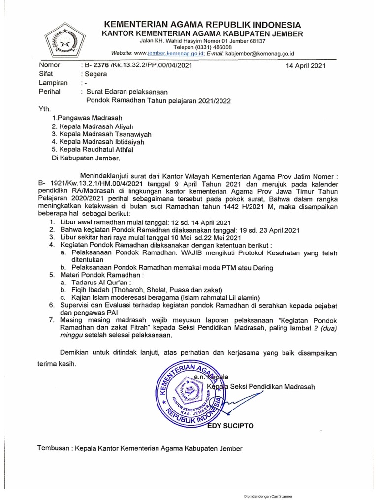 Surat Edaran Pelaksanaan Pondok Ramadhan Tahun Pelajaran 2021-2022 | PDF