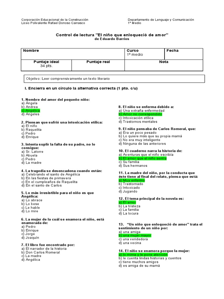 Comprensión lectora de la novela "El niño que enloqueció de amor | PDF