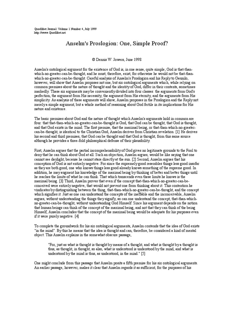 Anselm's Proslogion - One Simple Proof | PDF | God | Concept