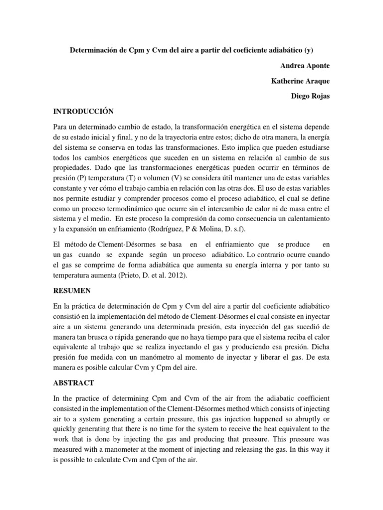 Cálculo de Cpm y Cvm del aire | PDF | Presión atmosférica | Calor