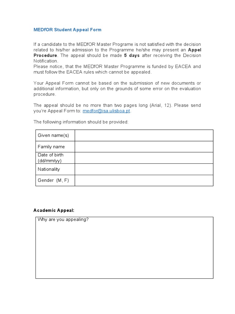 MEDfOR Student Appeal Form 2021 | PDF
