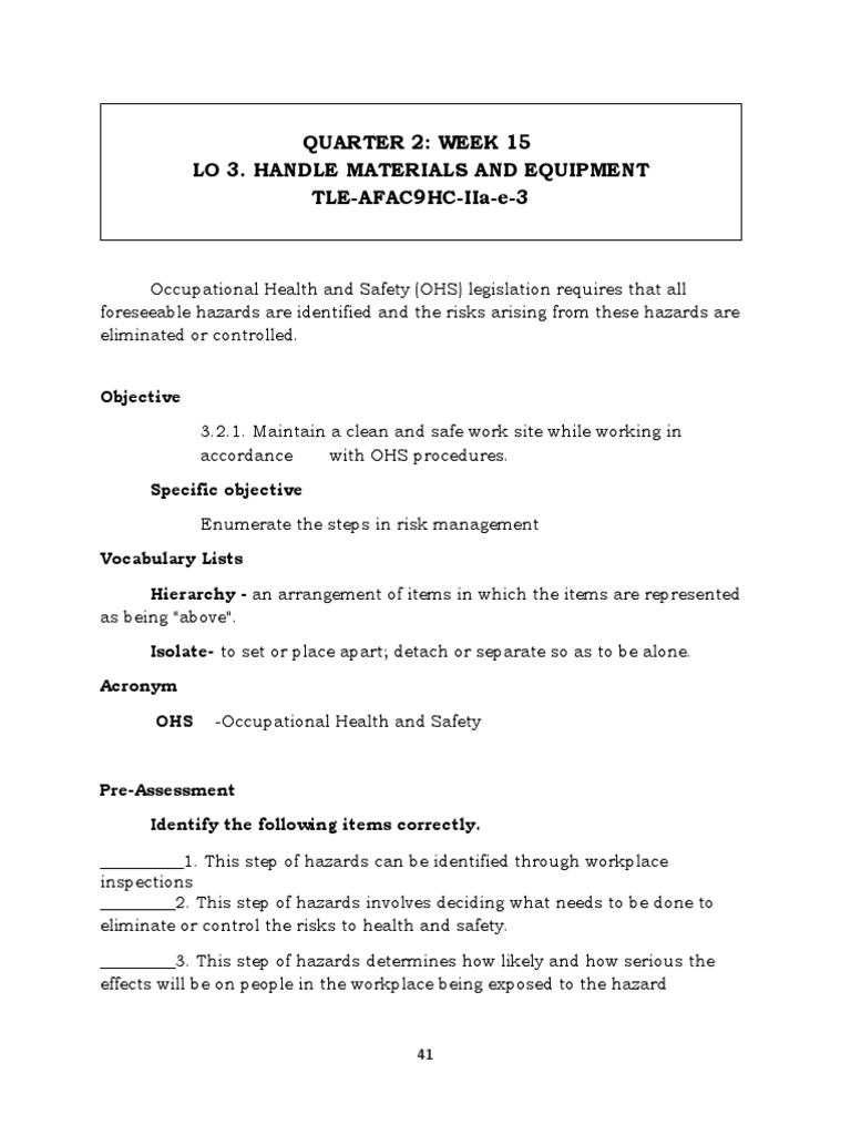 Tle 9 15 | PDF | Occupational Safety And Health | Personal Protective ...