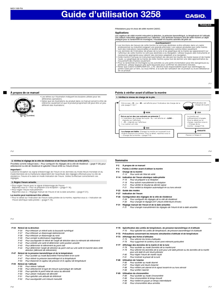 Guide d'utilisation Casio Pro Trek 3258 | PDF | Marée | Lumière