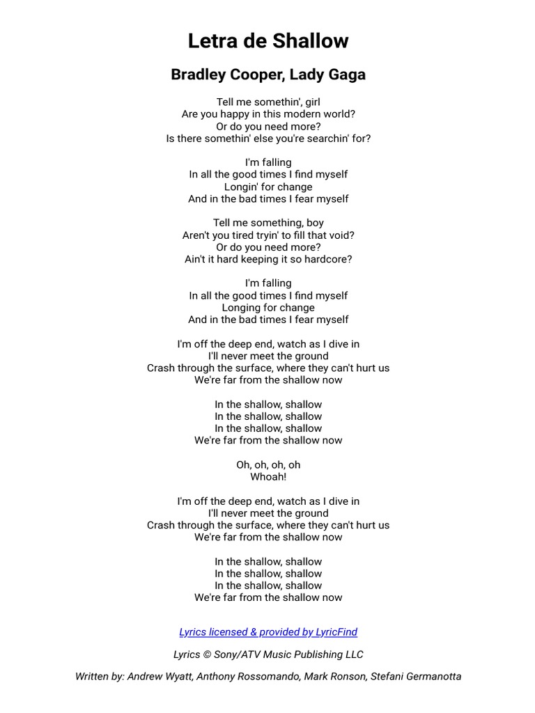 Letra de Shallow: Bradley Cooper, Lady Gaga | PDF