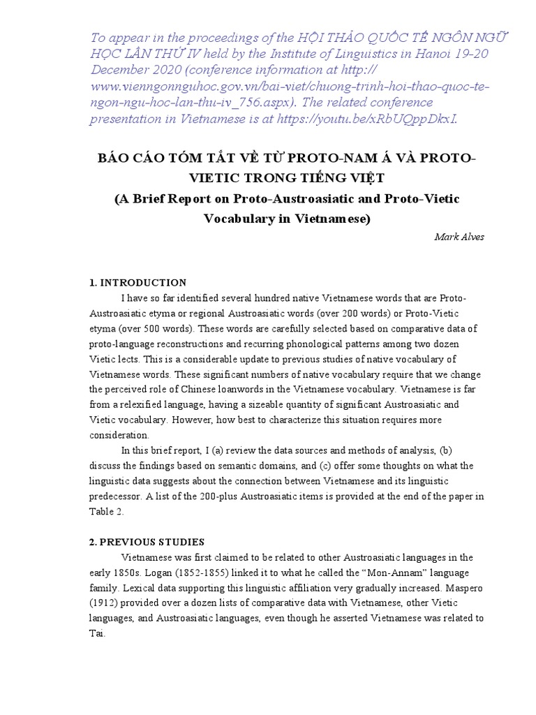 A Brief Report On Proto-Austroasiatic and Proto-Vietic Vocabulary in ...