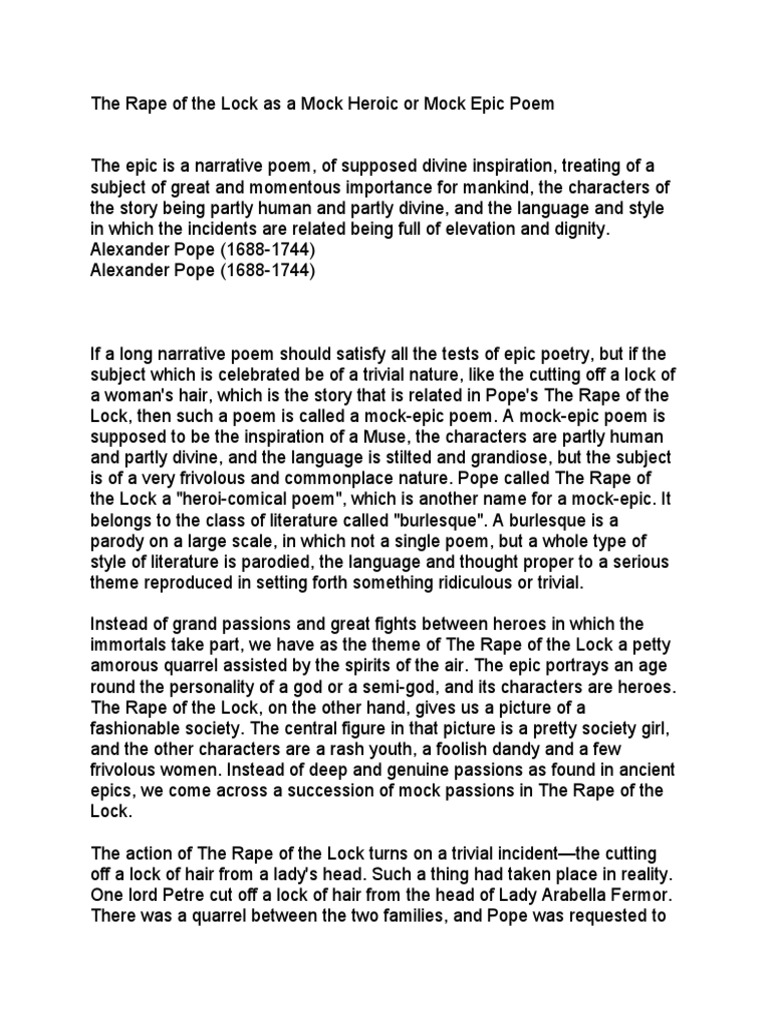 The Rape of The Lock As A Mock Heroic or Mock Epic Poem | PDF | Genres ...