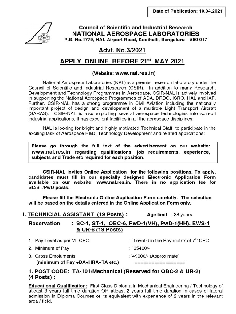 Notification NAL Technical Asst Technical Officer Sr. Technical Officer ...