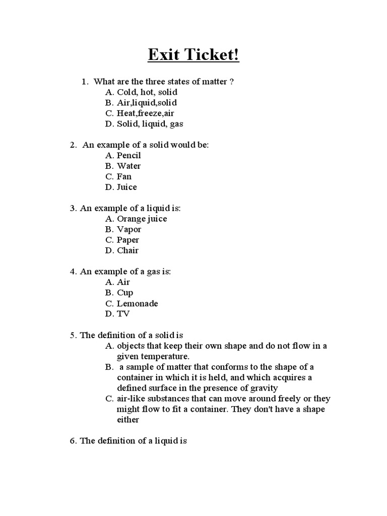 Exit Ticket | PDF | Liquids | Freezing