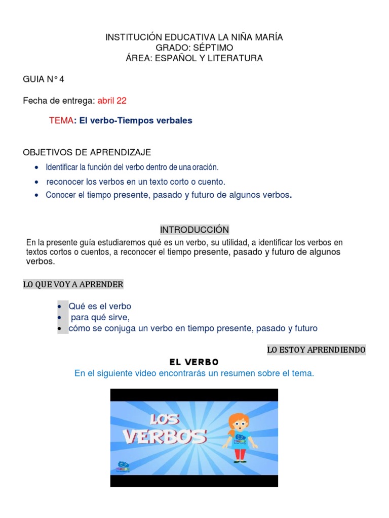 Guia # 4 Español Grado Séptimo | PDF | Conjugación gramatical | Verbo