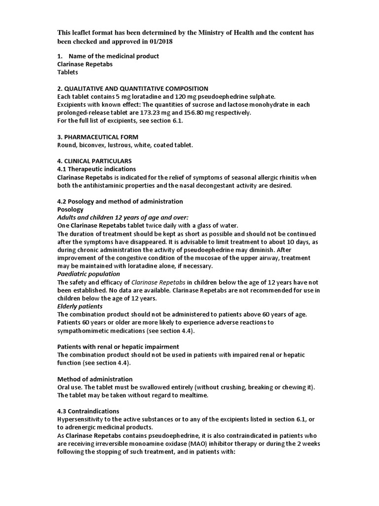 Loratadine 5mg + Pseudoephedrine 120mg (Clarinase Repetabs) | PDF ...