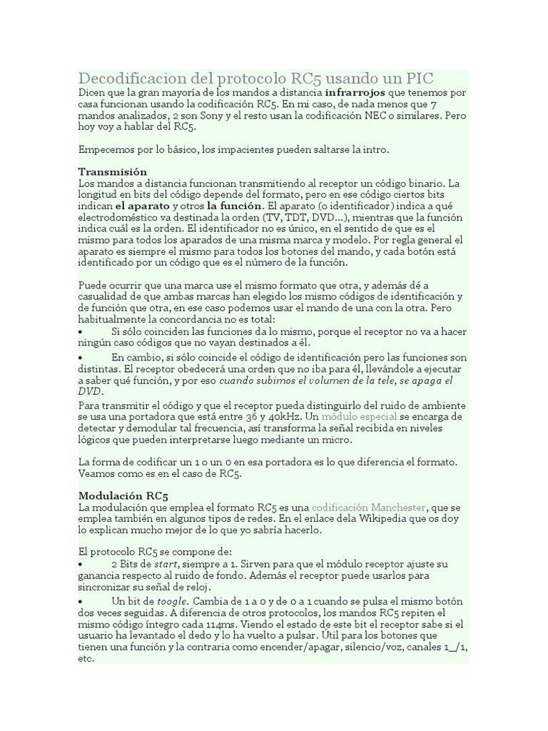 Decodificacion Del Protocolo RC5 Usando Un PIC | PDF | Poco | Modulación