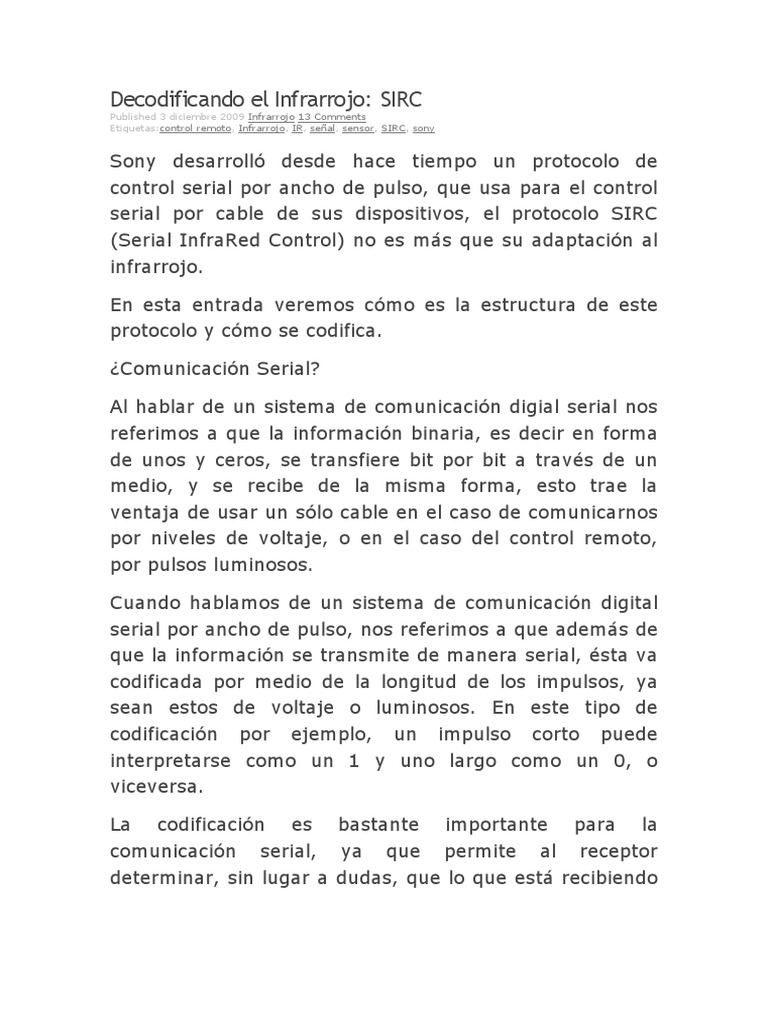 Protocolo Sirc | PDF | Poco | Control remoto