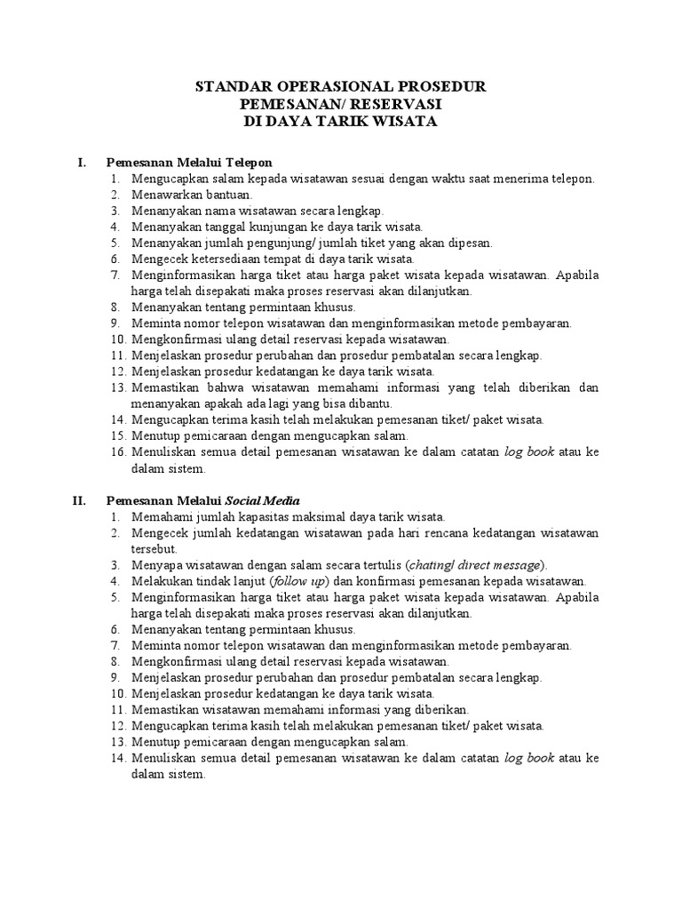 Format SOP Untuk Pemesanan Atau Reservasi | PDF