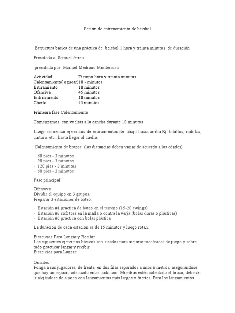 Sesión De Entrenamiento De Beisbol Pdf
