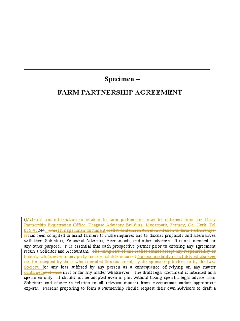 Specimen - Farm Partnership Agreement | PDF | Partnership | License