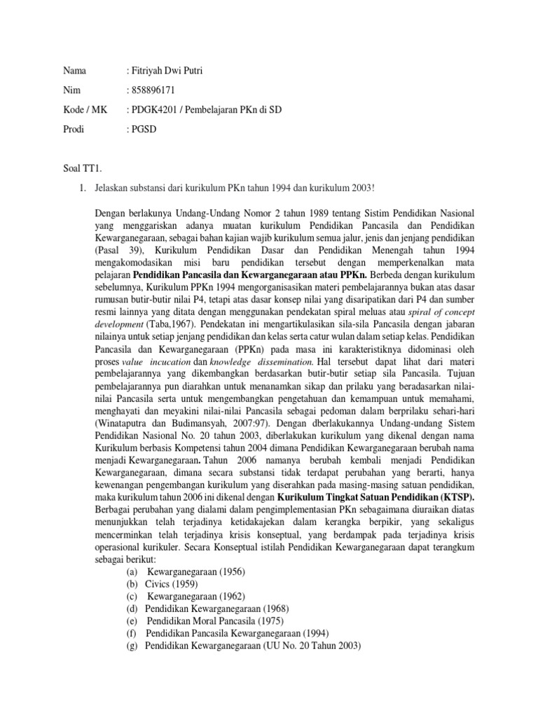 TT 1 Pembelajaran PKN Di SD | PDF | Sains & Matematika