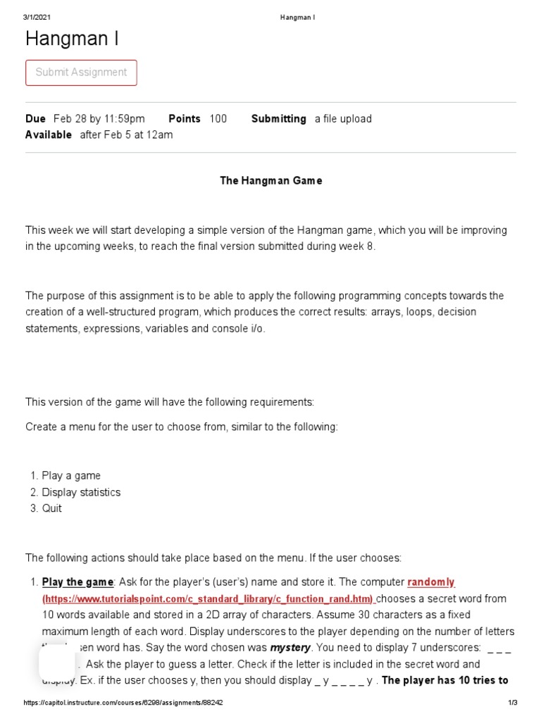 Hangman I: Submit Assignment | PDF | Subroutine | Array Data Structure