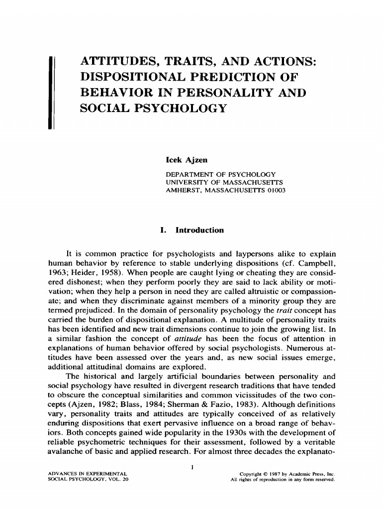 Attitudes, Traits, and Actions: Dispositional Prediction OF Behavior in ...