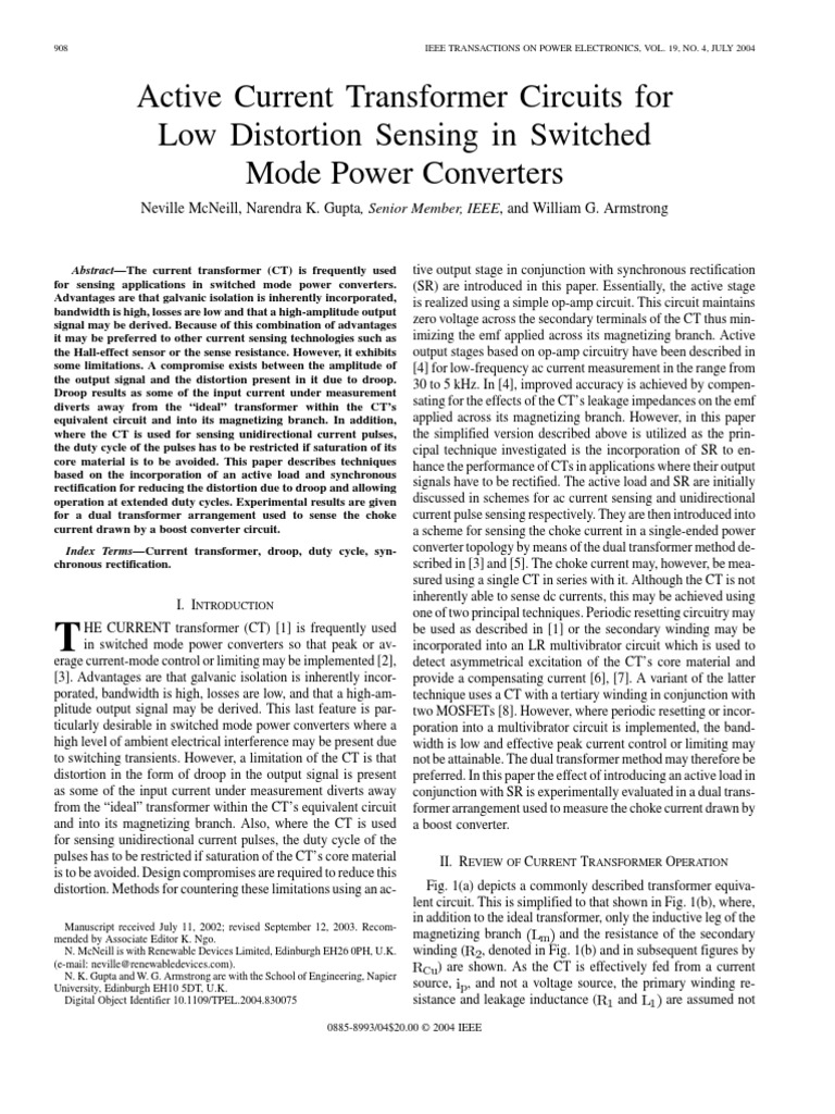 Active Current Transformer Circuits For Low Distortion Sensing in ...