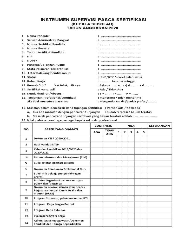 INSTRUMEN SUPERVISI PASCA SERTIFIKASI (Kke | PDF