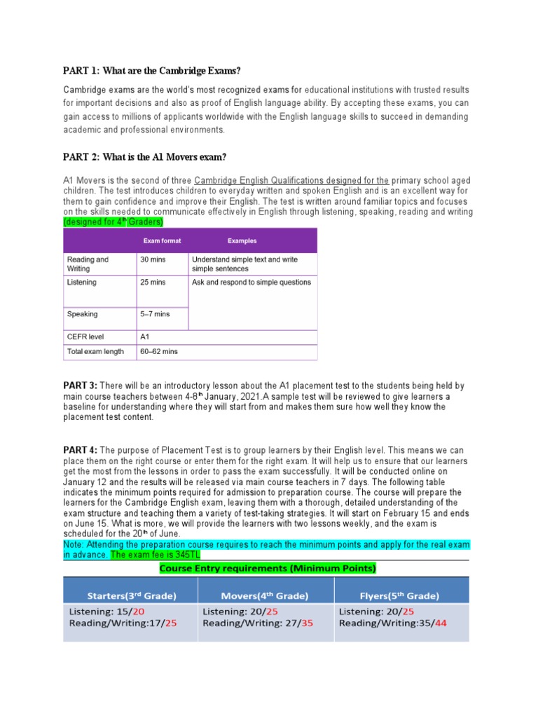 Cambridge Exam (A1 Movers) (Young Learners) | PDF