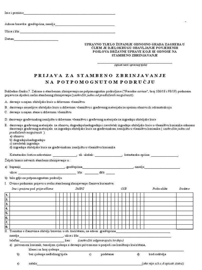 Obrazac Prijave Za Stambeno Zbrinjavanje | PDF